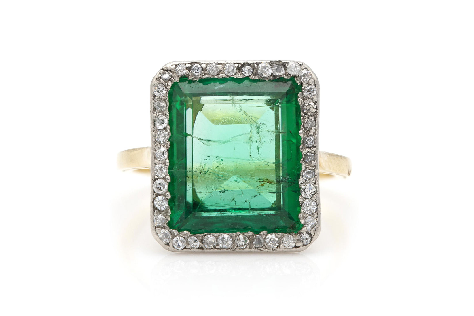 Antique Edwardian 1910s Russian Ural Mountains Emerald Ring with Diamo ...