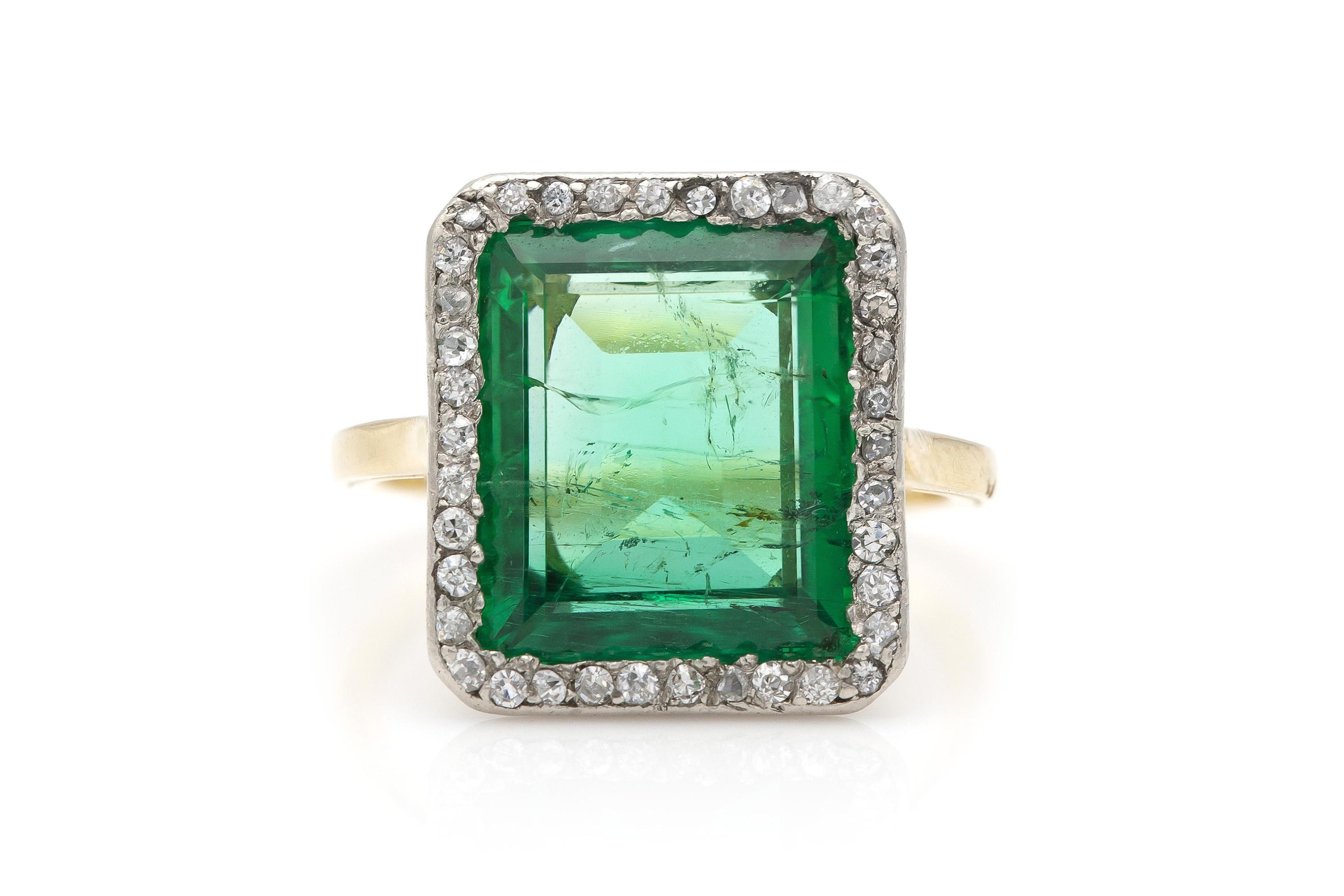 Antique Edwardian 1910s Russian Ural Mountains Emerald Ring with Diamo ...