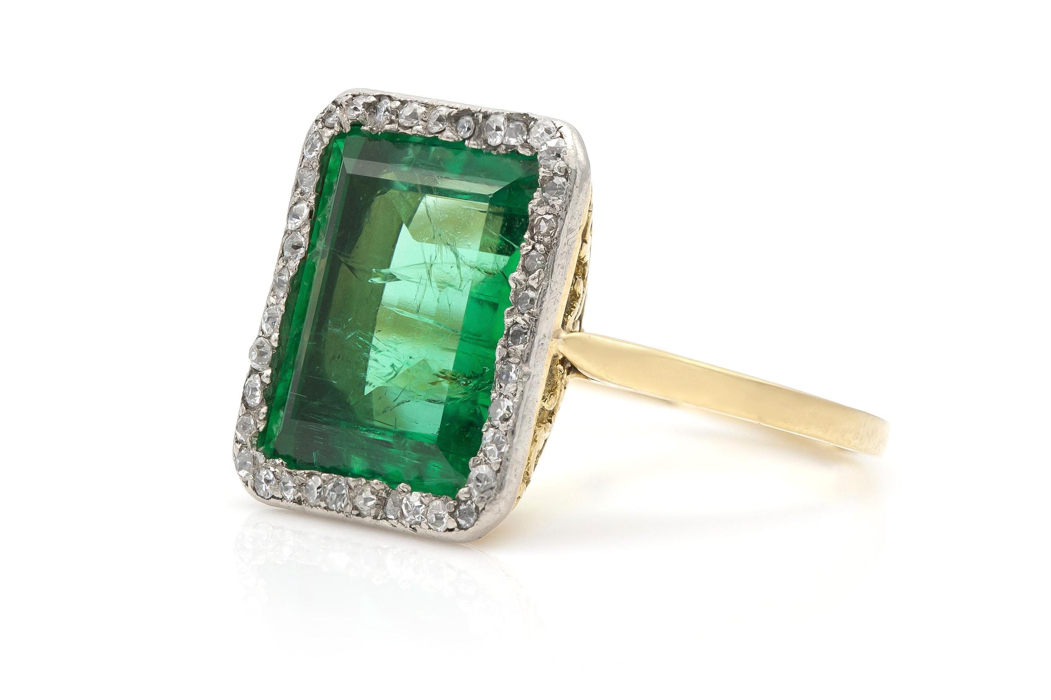 Antique Edwardian 1910s Russian Ural Mountains Emerald Ring with Diamo ...
